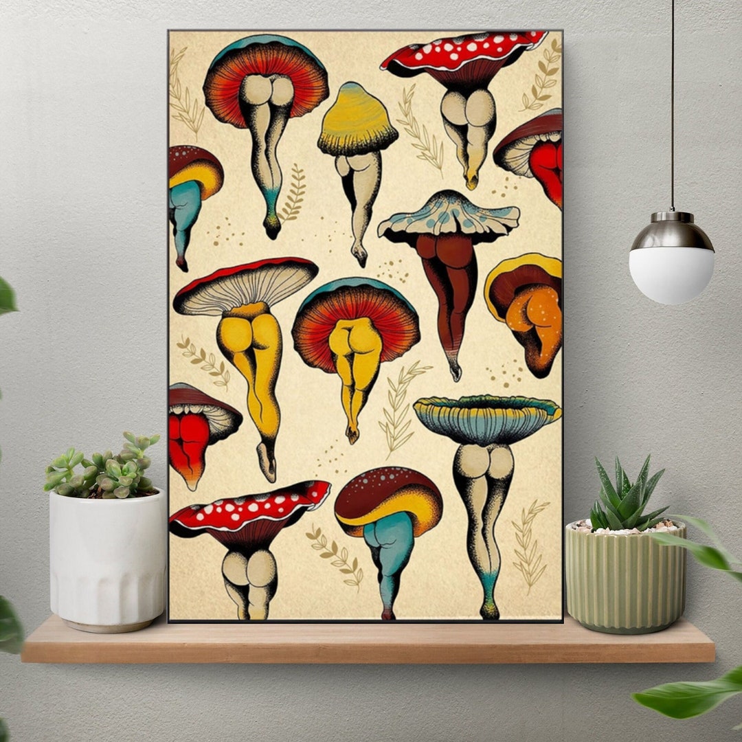 Vintage Mushroom Art Print, Funny Mushroom Booties Poster, Mushroom ...