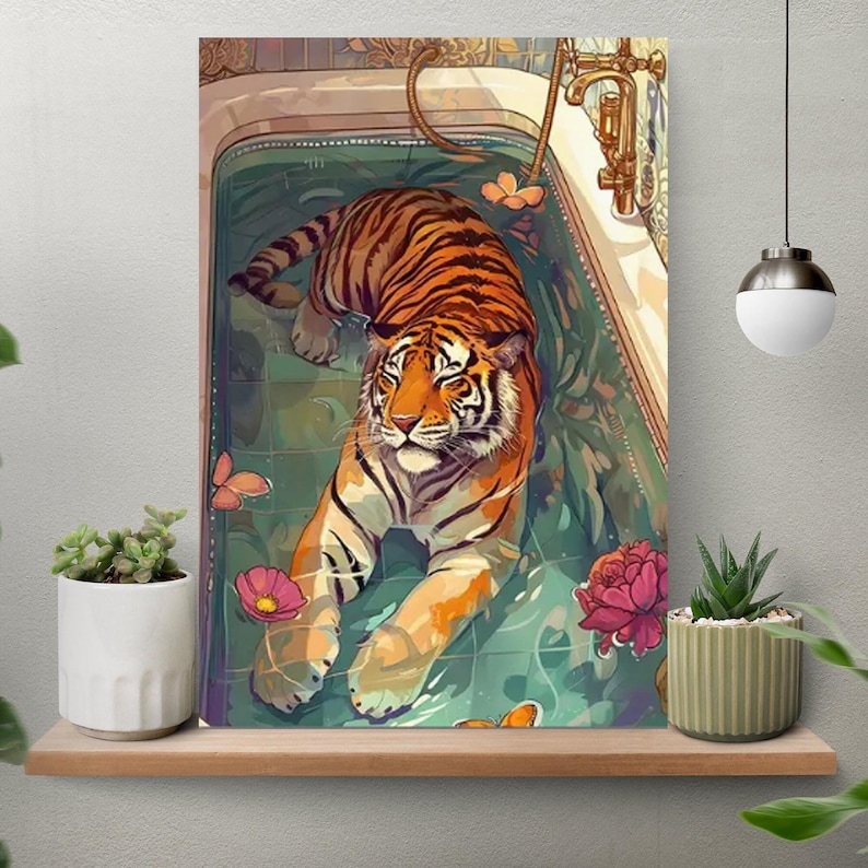 Tiger Art Poster, Tiger in A Bath Bathroom Poster, Maximalist Bathroom ...
