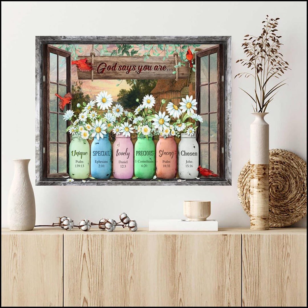 God Says You Are Canvas Wall Art, White Daisy Cardinal Canvas Art ...