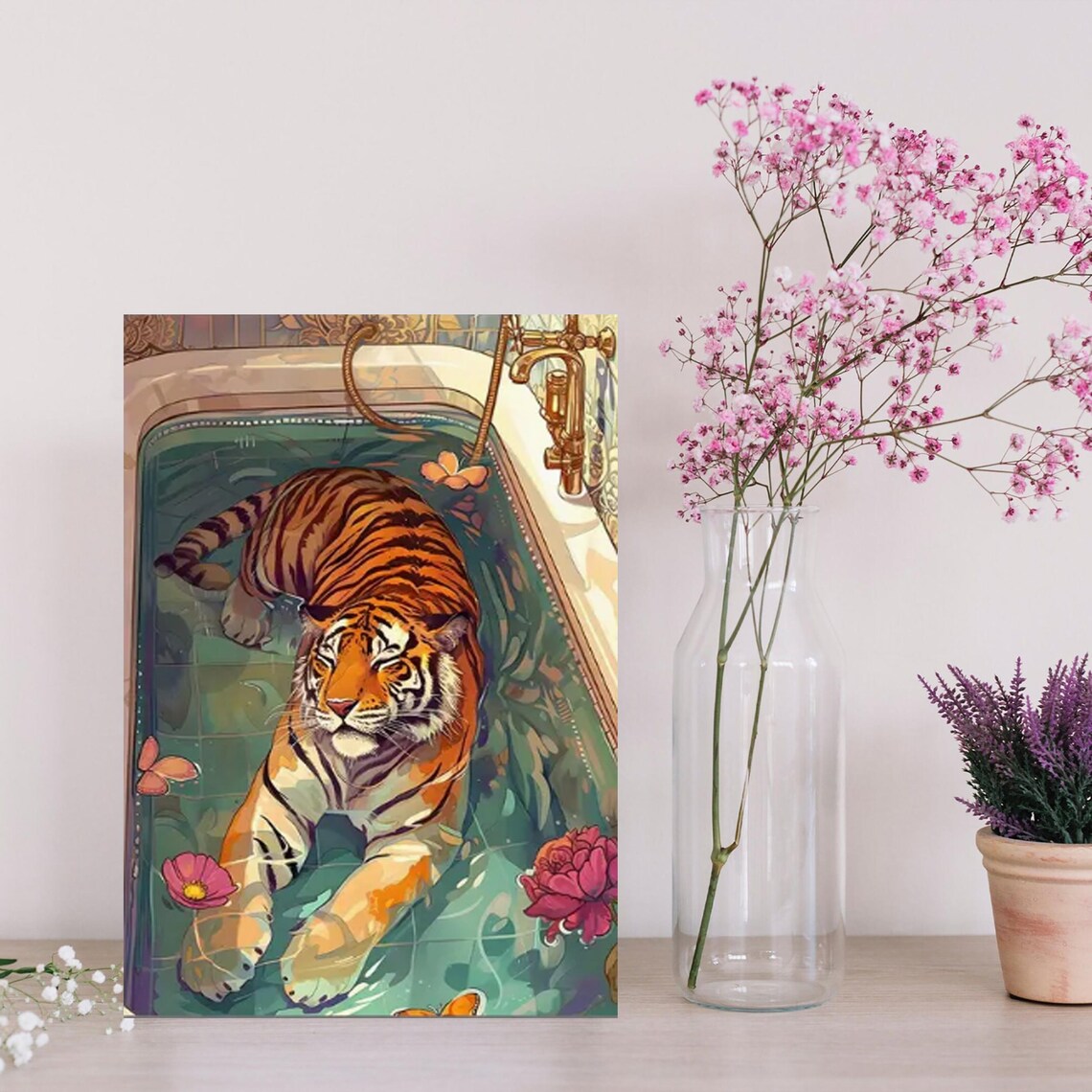 Tiger Art Poster, Tiger in A Bath Bathroom Poster, Maximalist Bathroom ...
