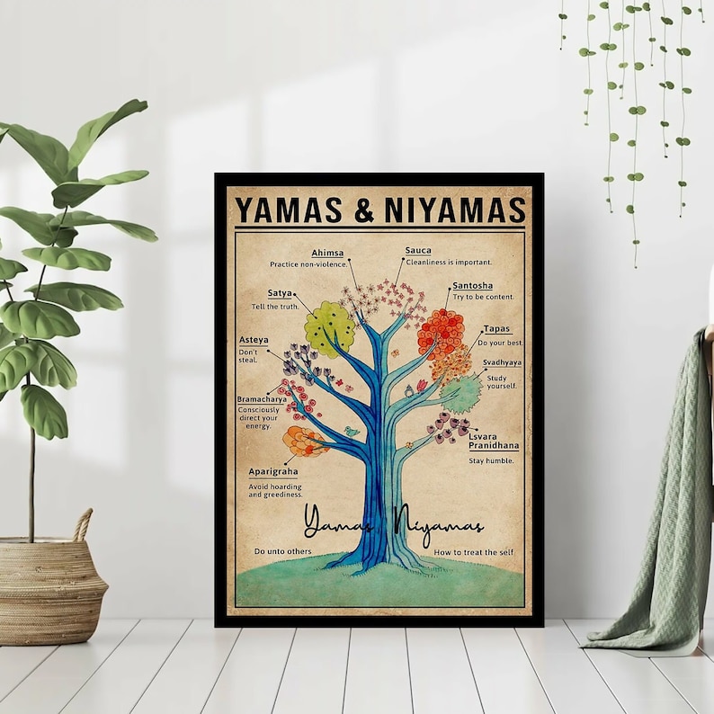Yamas and Niyamas Knowledge Poster, Yoga Poster, Yoga Chart Art, Yoga Room Decor, Vintage Yoga ...