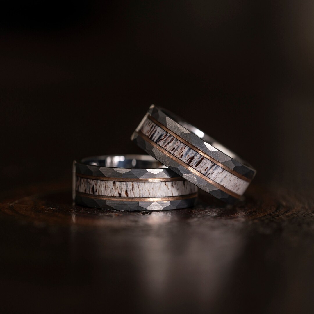 Silver Hammered Wedding Ring With Antler, Antler Ring Ring, Silver ...