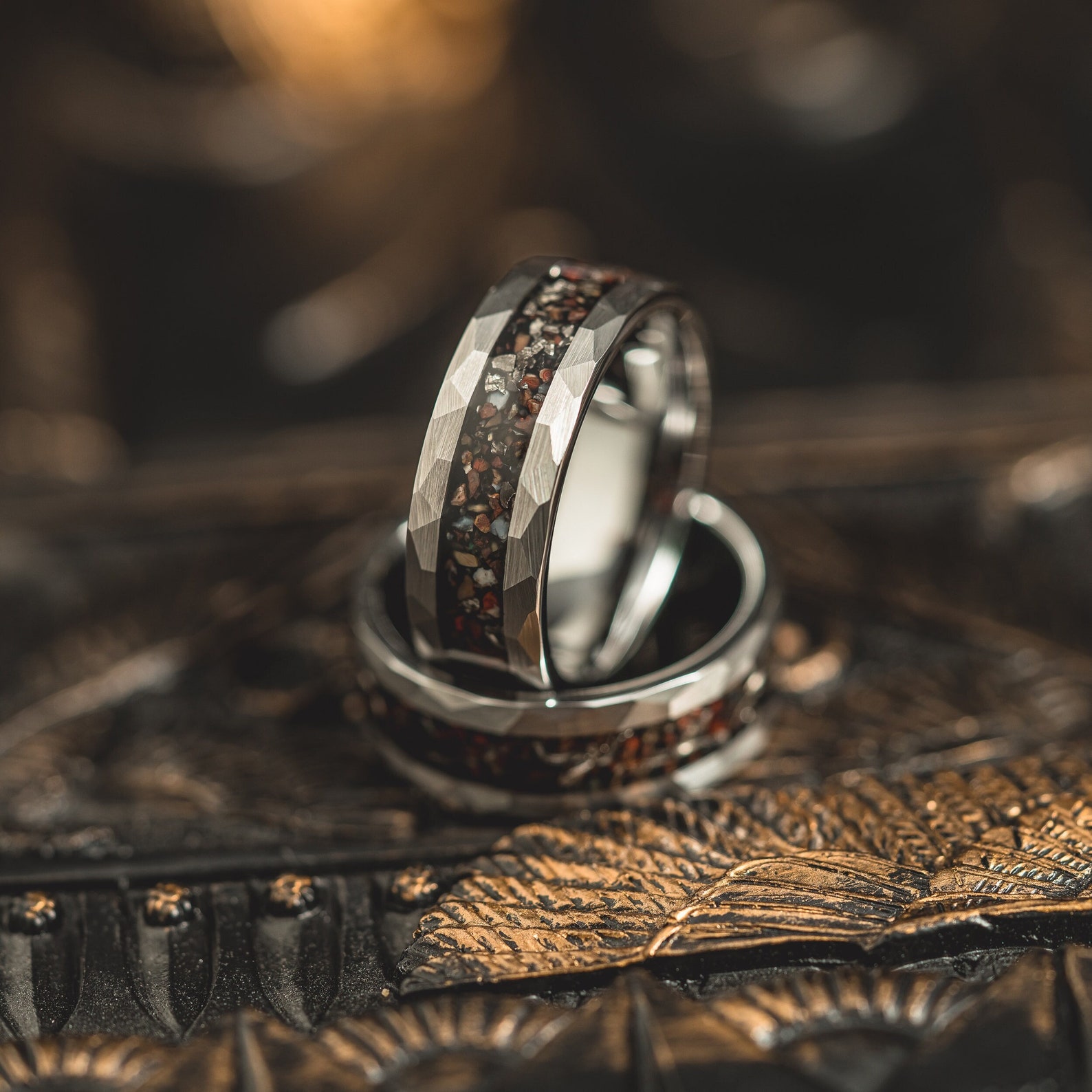 Dinosaur Bone and Meteorite Ring Black Hammered Wedding Ring | Etsy