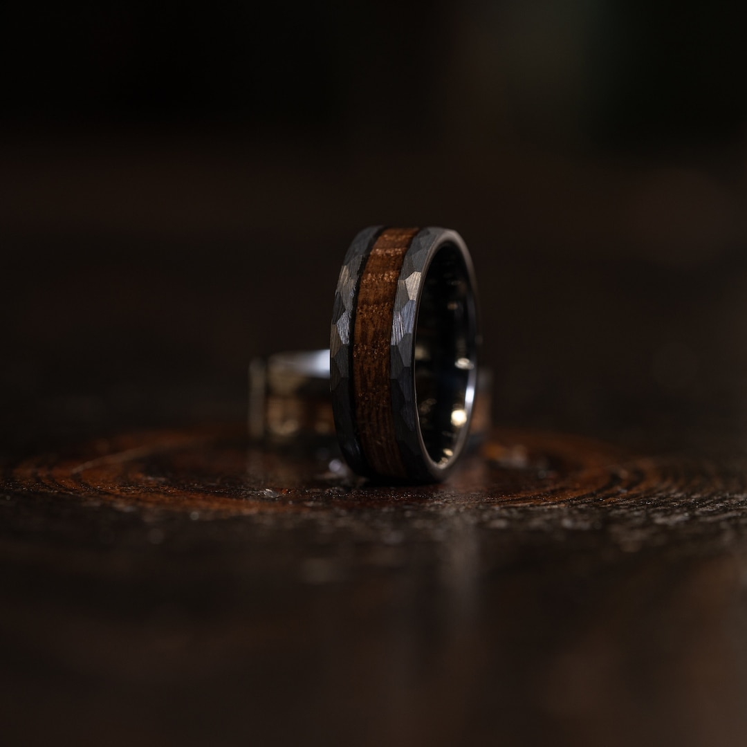 Black Hammered Wedding Ring With Charred Whiskey Barrel, Whisky Barrel ...
