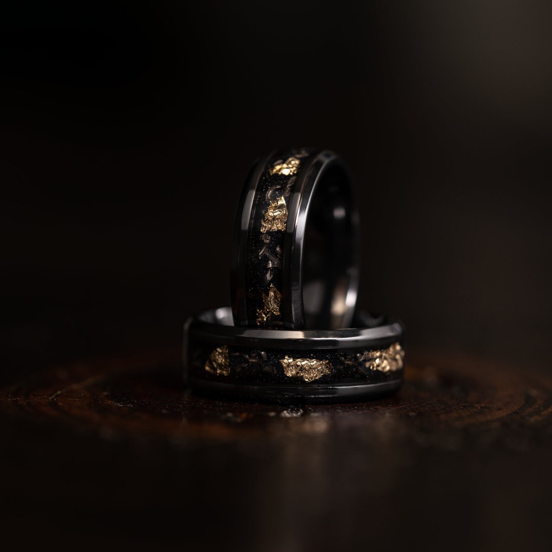 Gold Leaf and Meteorite Black Zirconium Ring, Black Zirconium Wedding ...