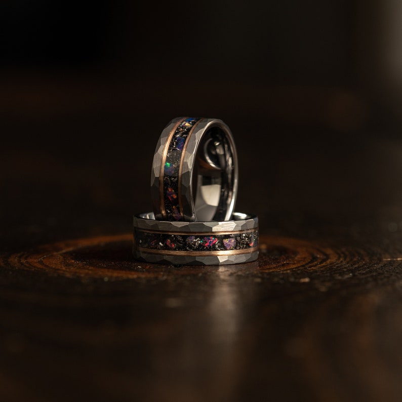 Meteorite and Galactic Opal Ring Black Hammered Wedding Ring - Etsy