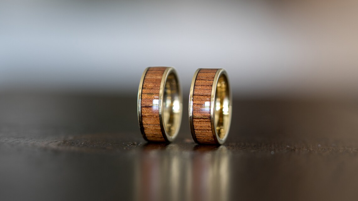 Wood wedding band Wood Ring Wood inlay Ring yellow gold | Etsy