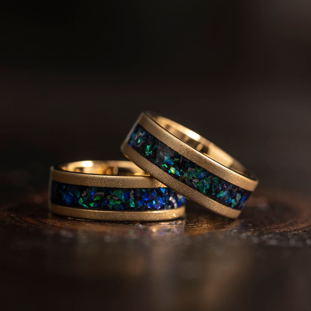 Gold Galaxy Opal and Meteorite Ring, Gold Tungsten Sandblasted Ring ...