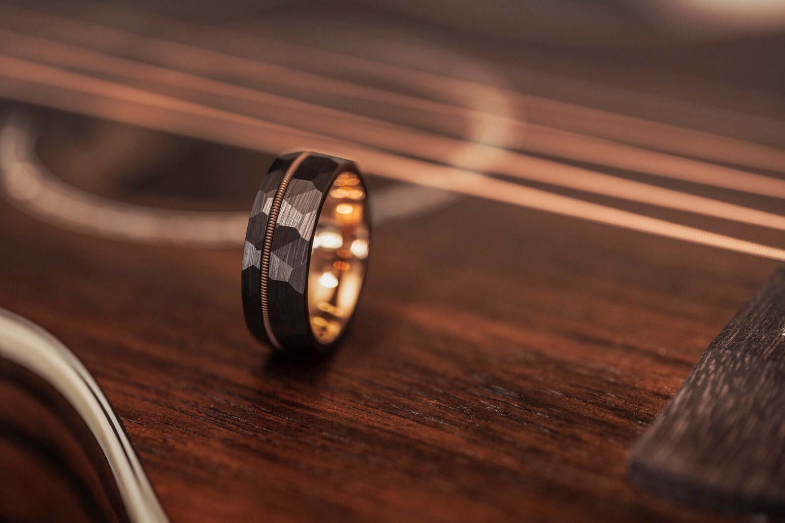 8mm Guitar string ring Hammered wedding Ring guitarist ring | Etsy