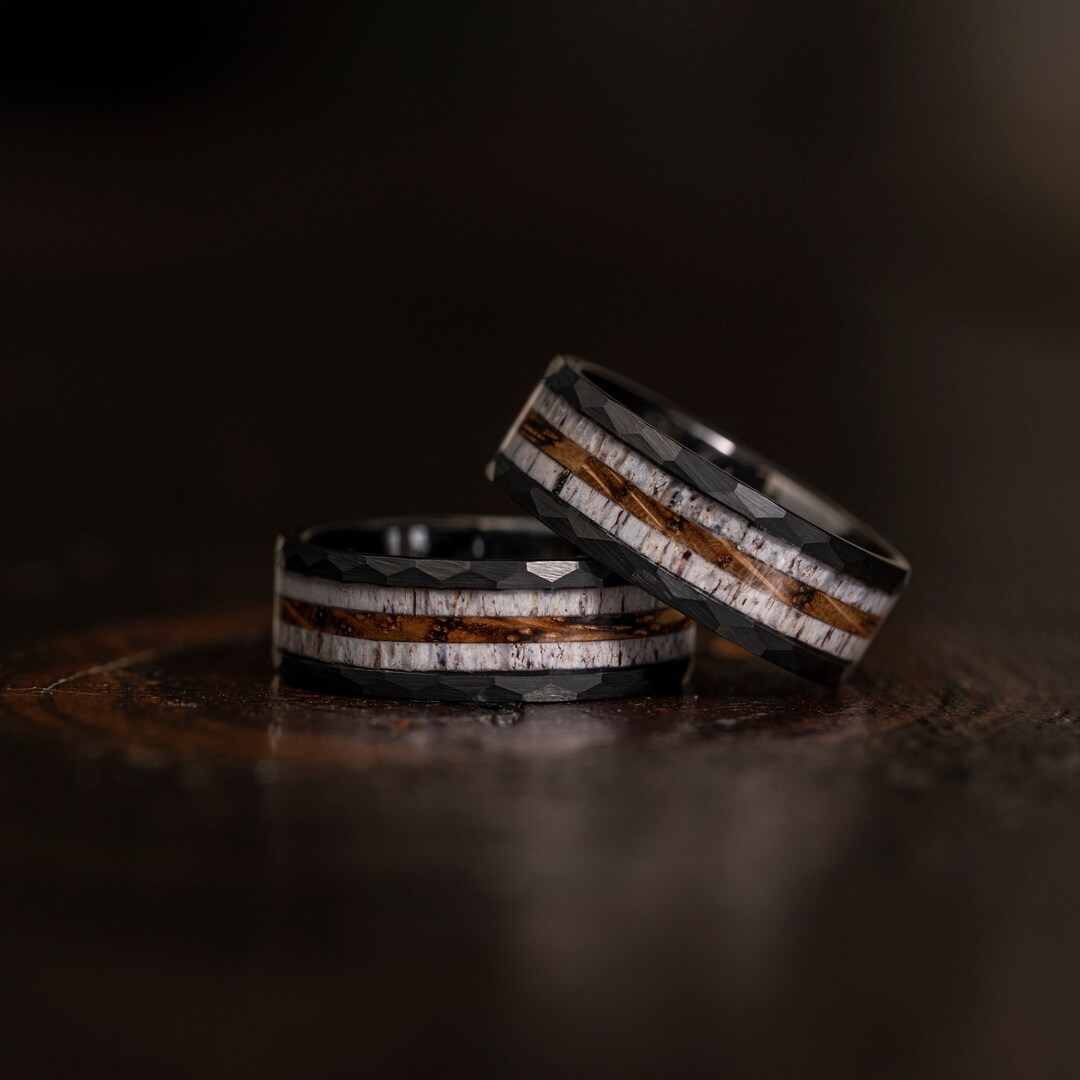 Black Hammered Wedding Ring With Charred Whiskey Barrel and Antler ...