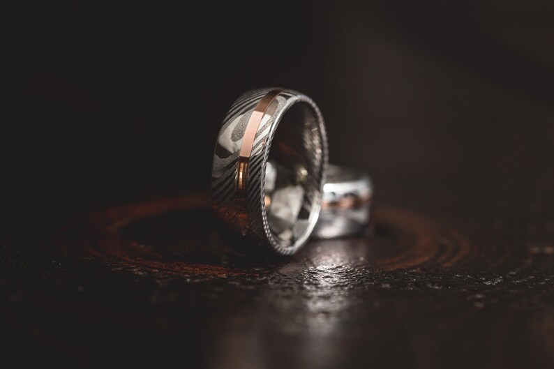 Polished Damascus With Rose Gold Strip Steel Ring Band 8mm - Etsy