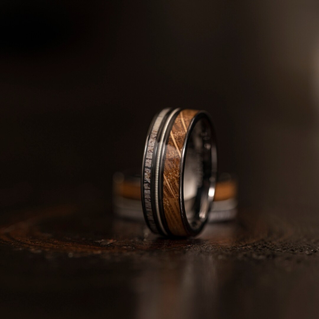 Guitar String Ring With Whisky Barrel Wood and Antler, Guitar String ...