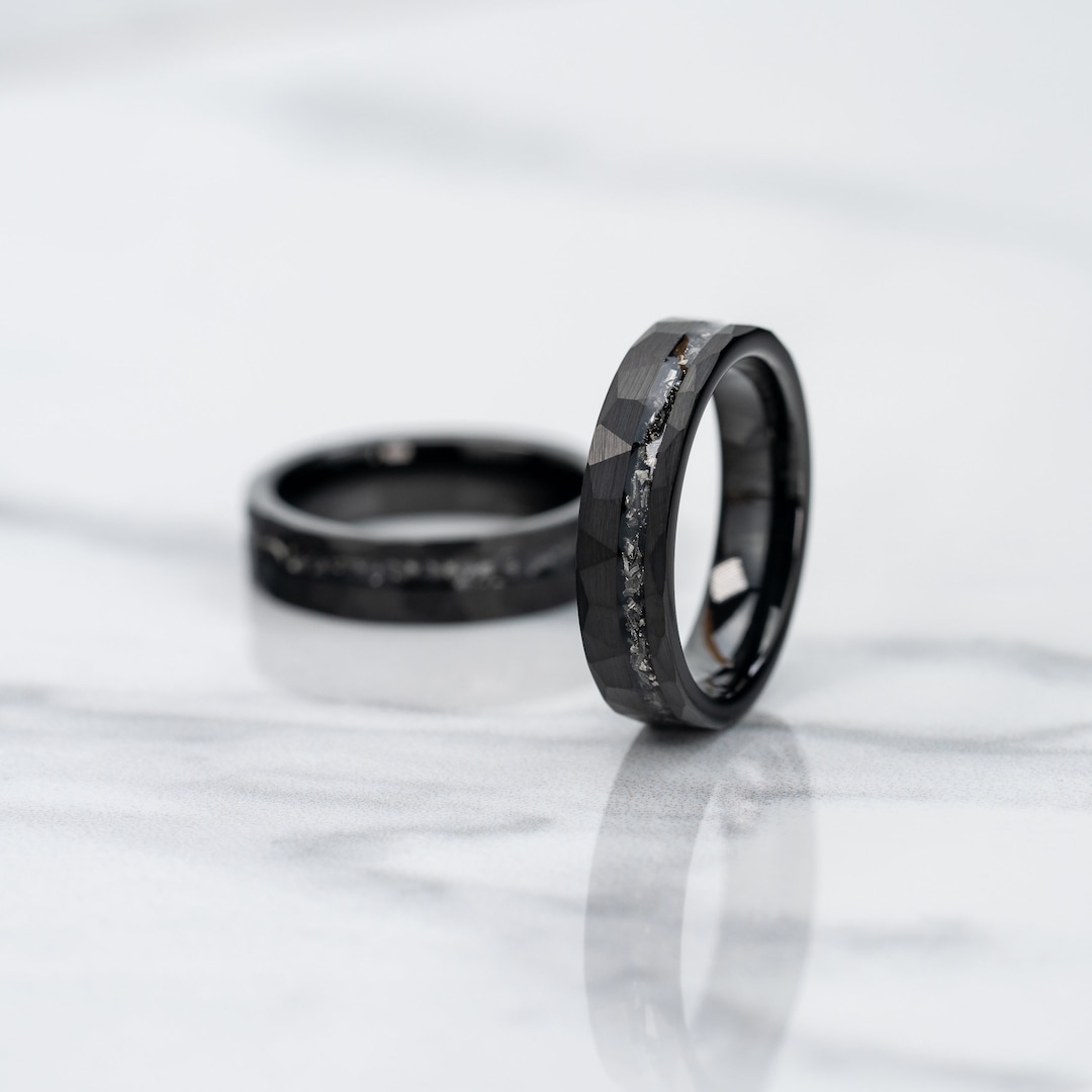 5mm Womens Black Meteorite Ring, Hammered Wedding Ring, Hammered ...
