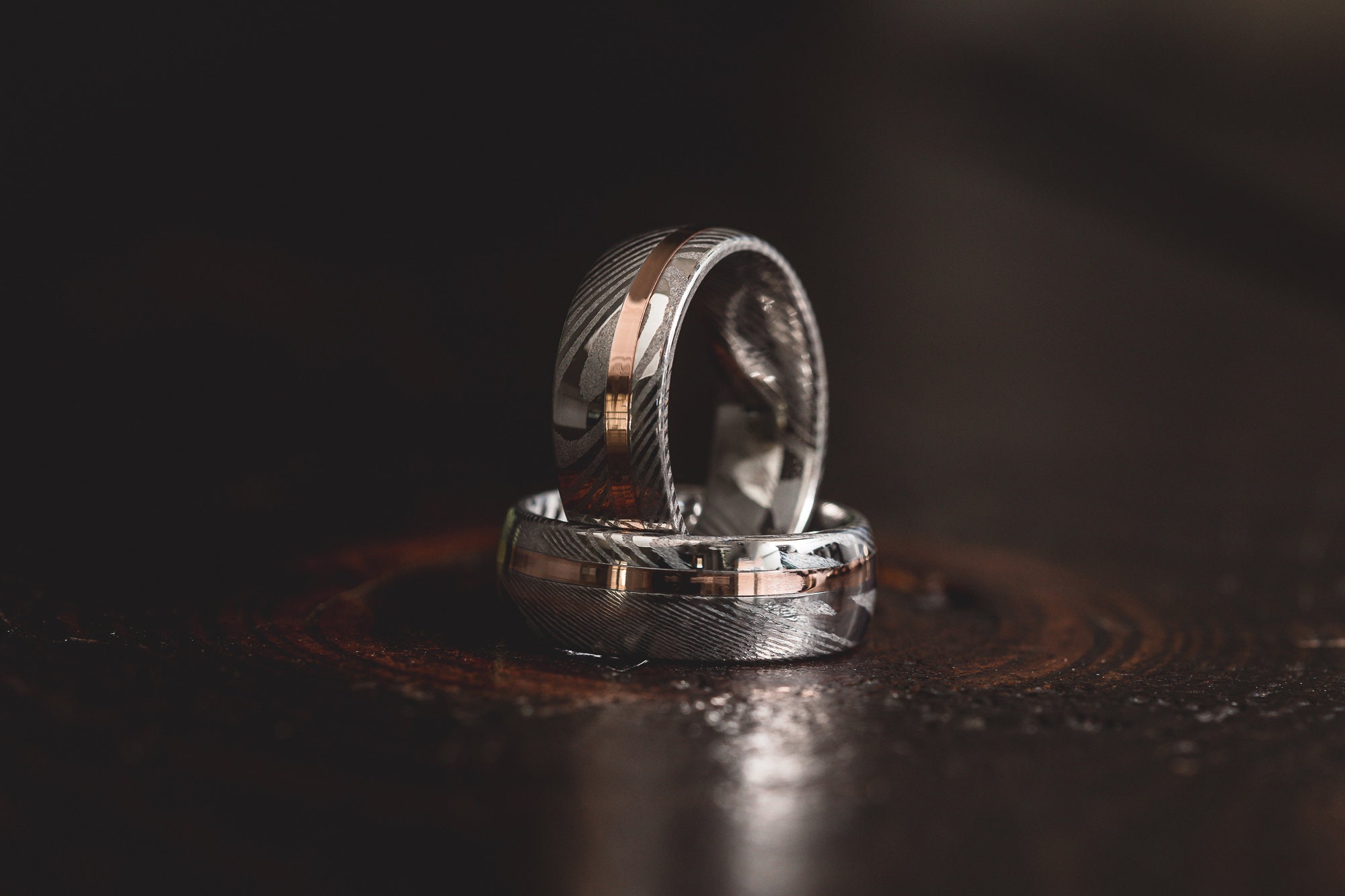 Polished Damascus With Rose Gold Strip Steel Ring Band 8mm - Etsy