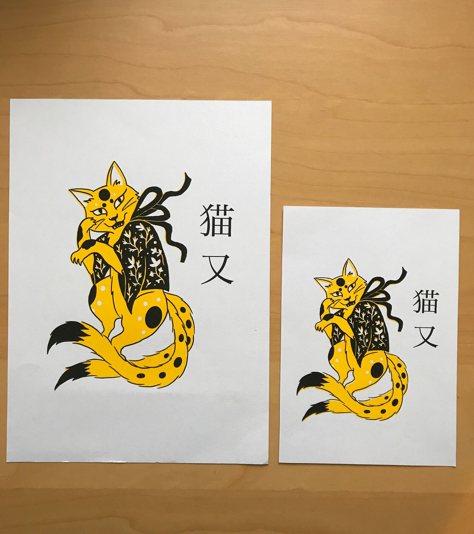 Japanese Nekomata Cat Risograph Print | Etsy