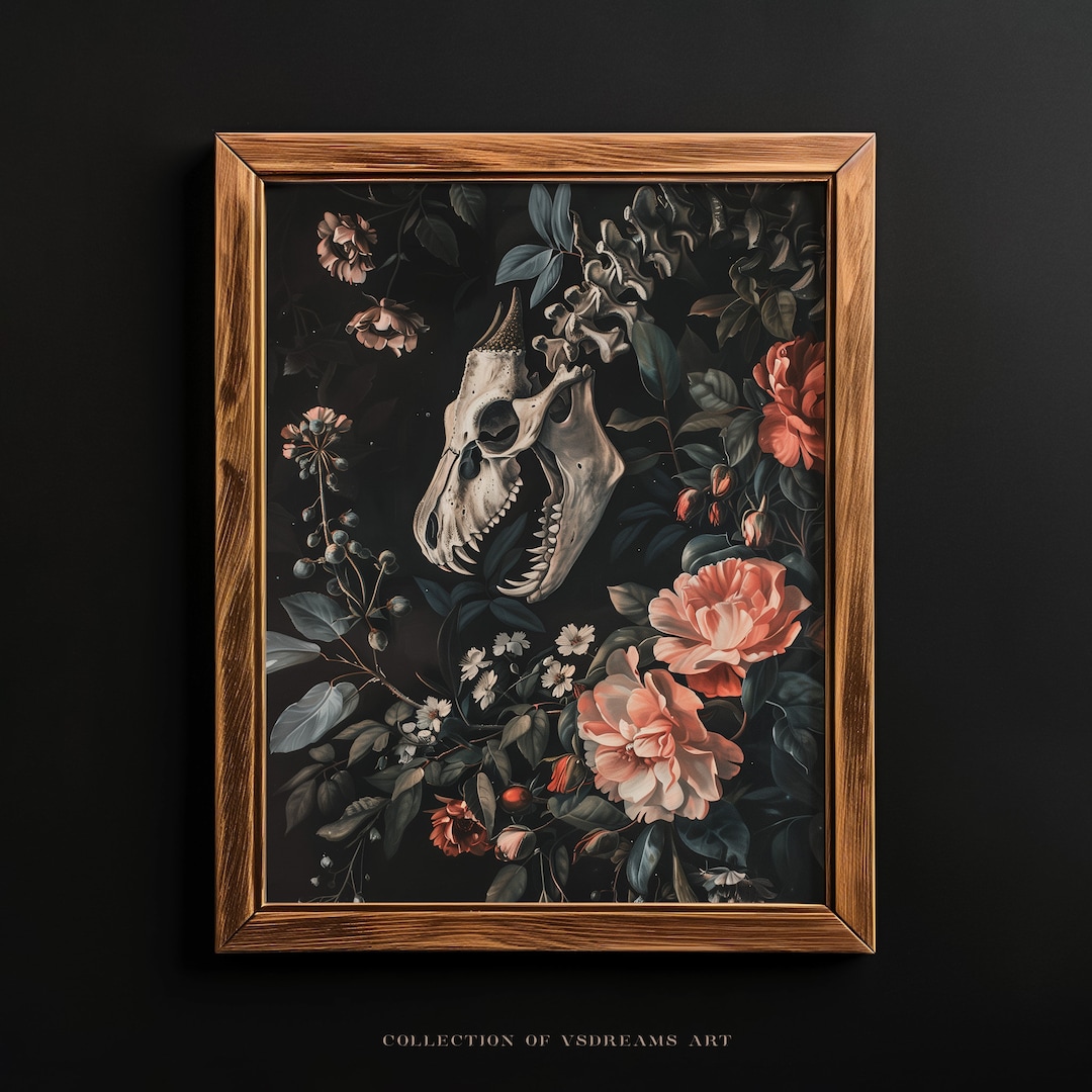 Unique Gothic Dragon Skeleton Floral Wall Art Decor, Botanical Dragon ...