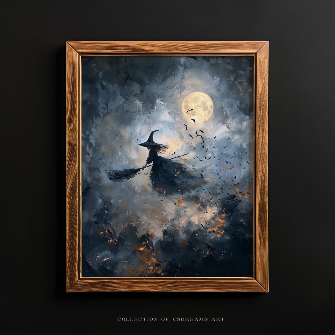 Witch Riding Broom in Moonlight, Mystical Home Decor, Printable ...