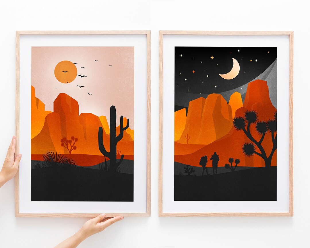 Sun & Moon Desert Art Print Set: Mid-century Modern Arizona Landscape ...