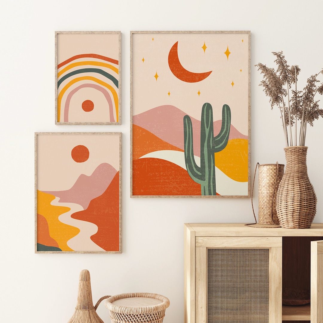 Desert Set of 3 Prints, Boho Cactus Prints, Boho Rainbow Prints, Desert ...