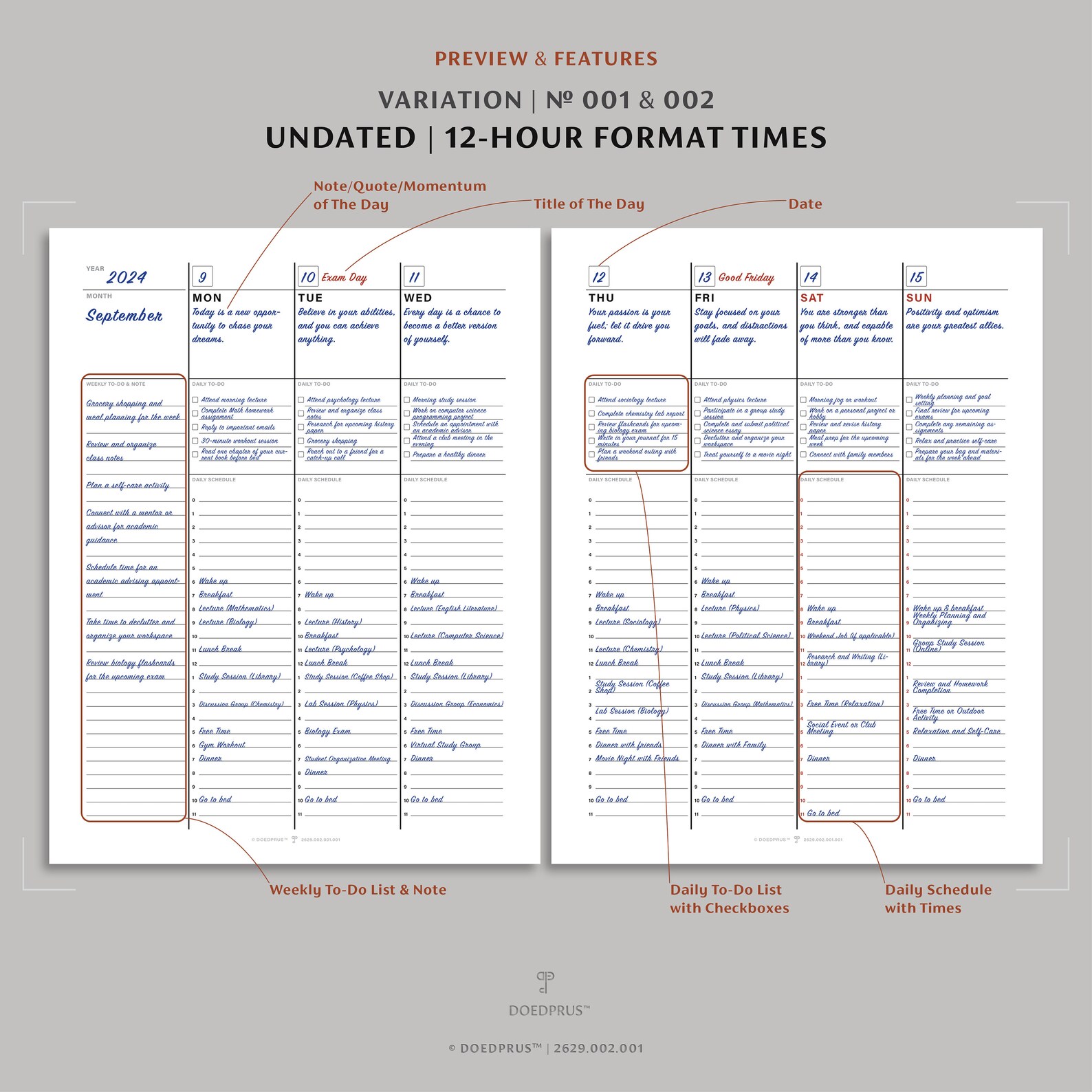 Vertical-layout Weekly Planning Sheets Portrait Undated 4 Variations ...