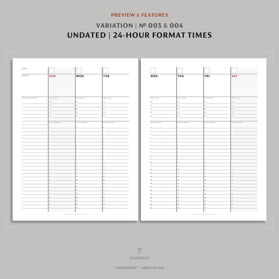 Vertical-layout Weekly Planning Sheets Portrait Undated 4 Variations ...