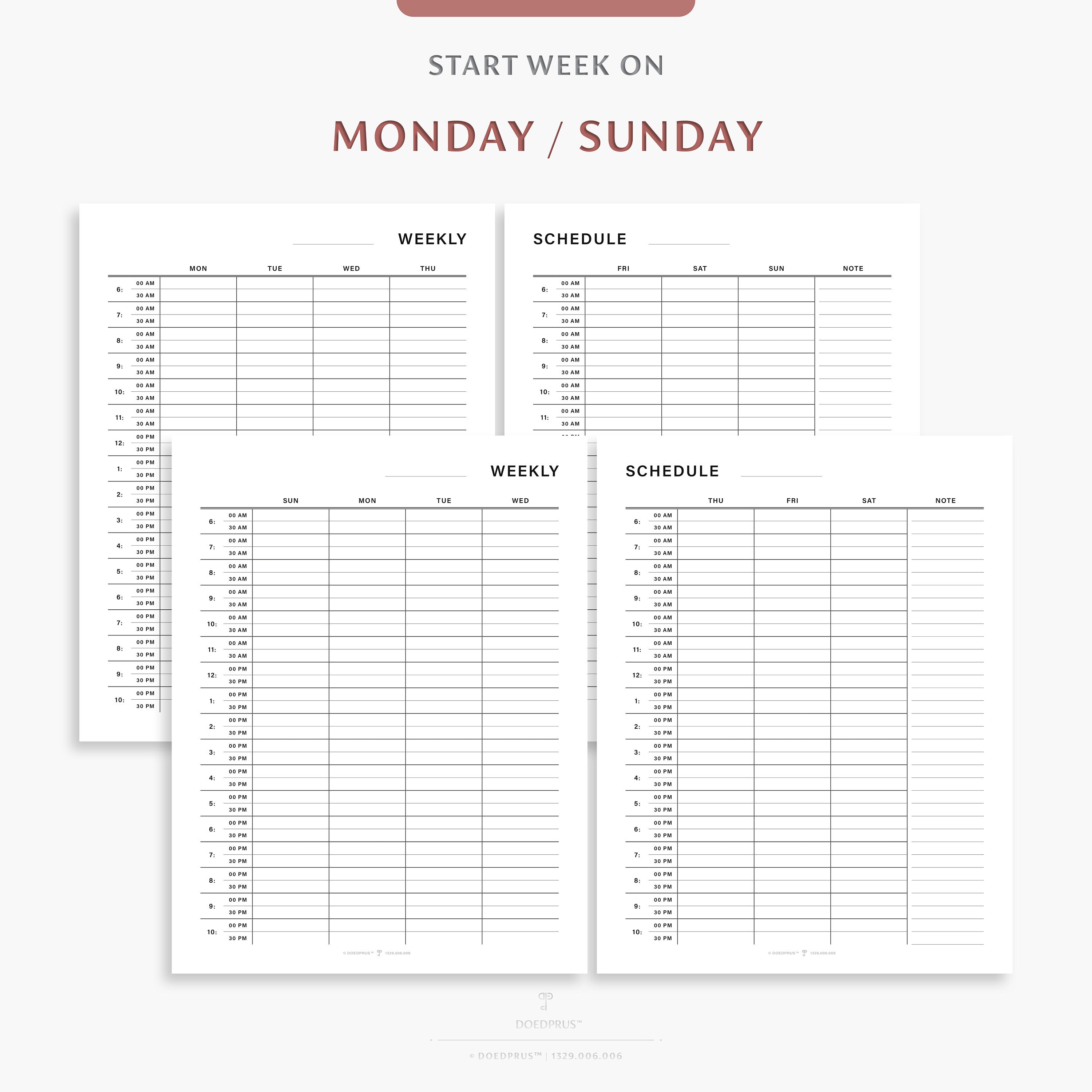Weekly Schedule Sheets With Note/list, 2 Page Spread, Half Hourly, 12 ...
