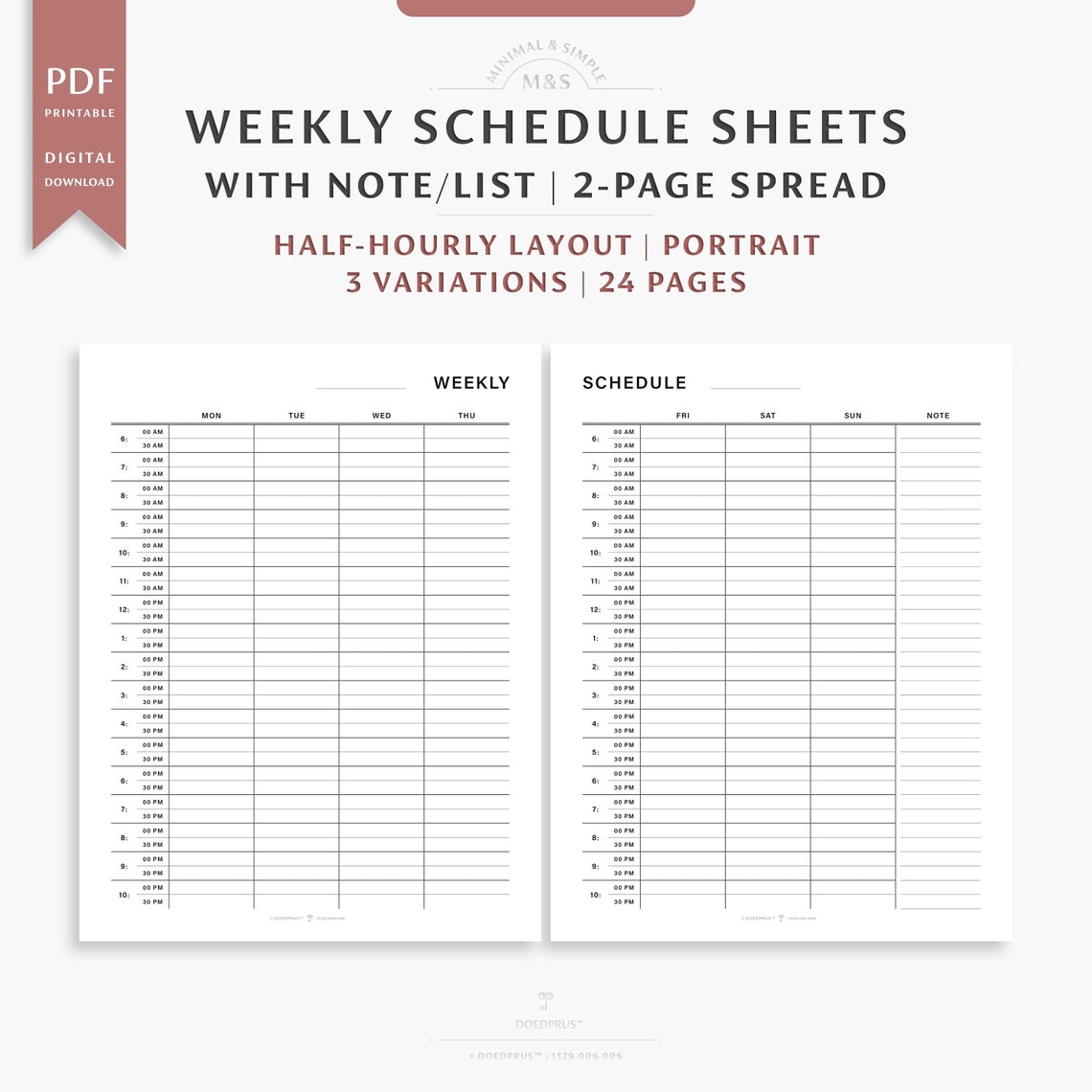 Weekly Schedule Sheets With Note/list, 2 Page Spread, Half Hourly, 12 ...