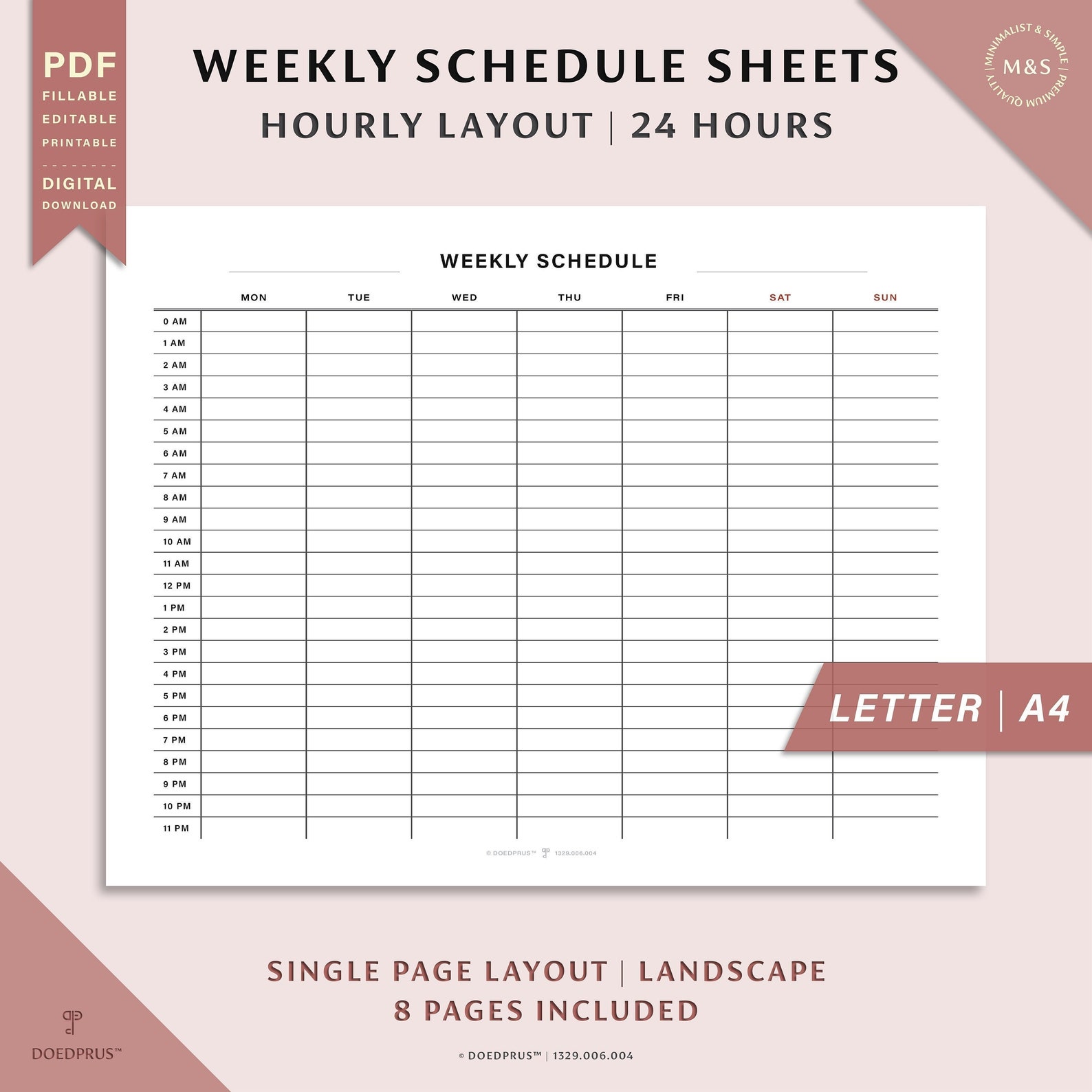 24 Hour Weekly Schedule Sheets, Hourly Layout, 12-hour/24-hour Time ...