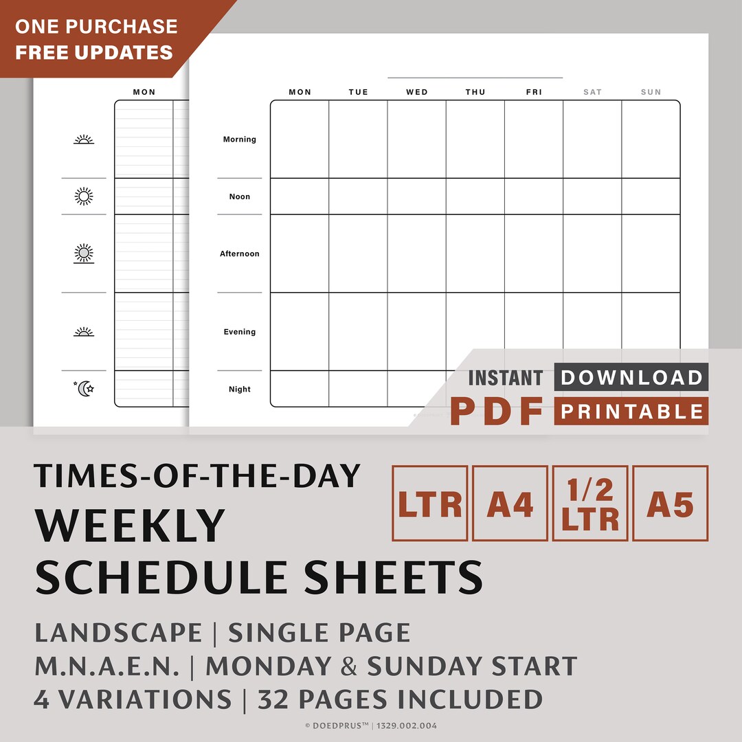 Times-of-the-day Weekly Schedule Sheets | Landscape | 4 Variations ...