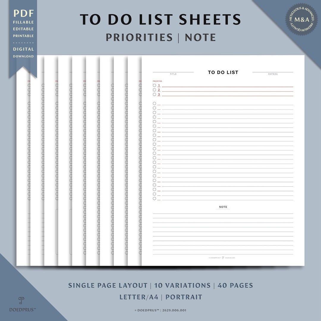 To Do List Sheets With Priorities/note, 10 Variations, 40 Pages, Letter ...