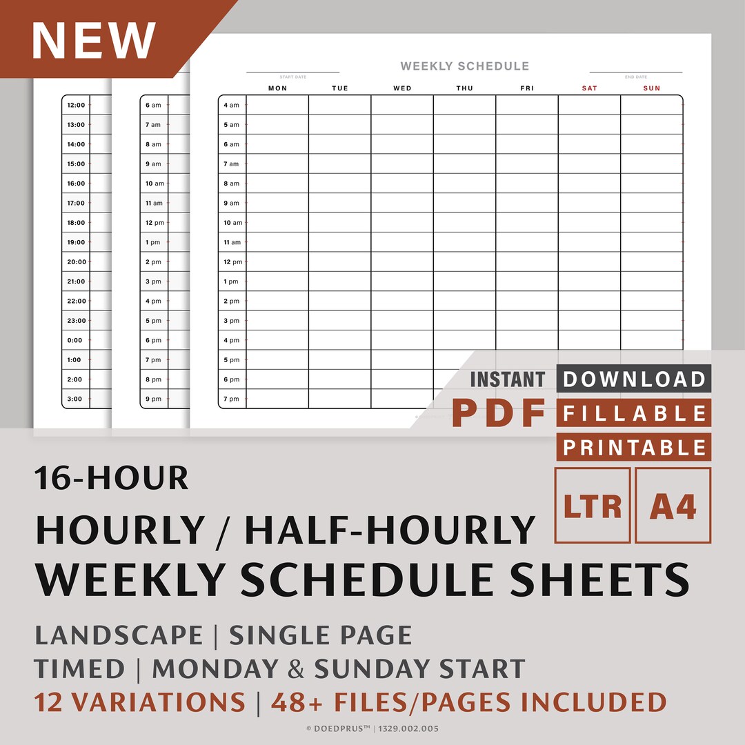 16-hour Hourly/half-hourly Weekly Schedule Sheets | Landscape | 12 ...