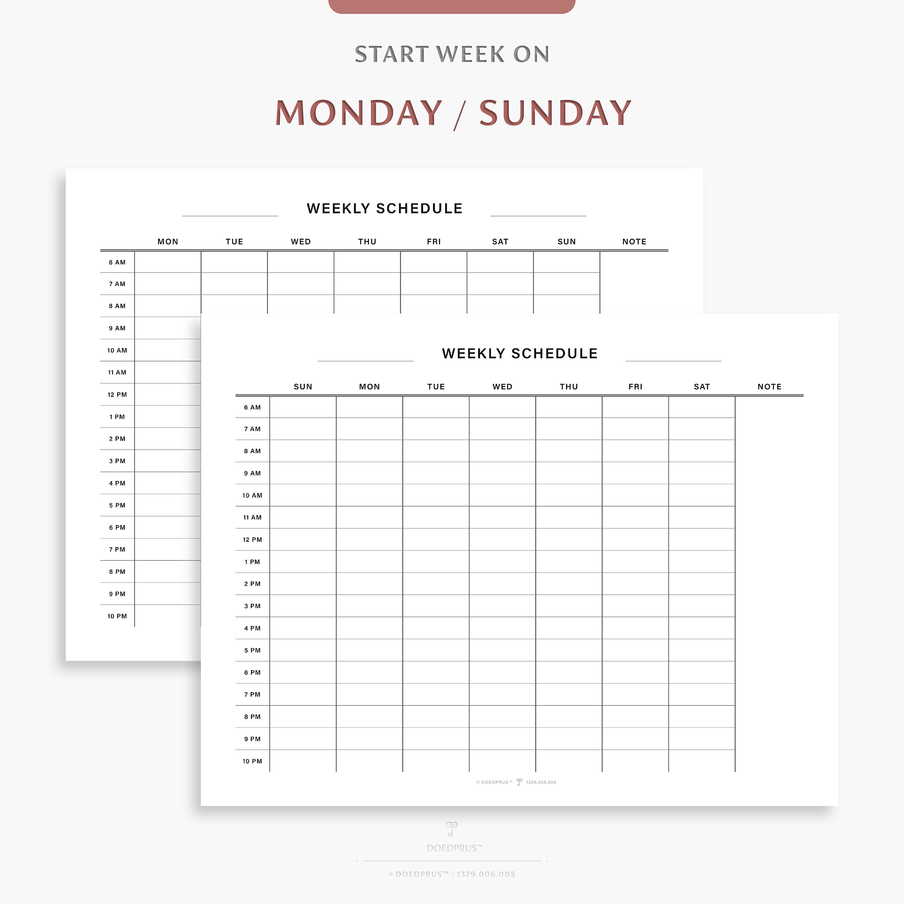 Weekly Schedule Sheets With Note/list, Hourly Layout, 12-hour/24-hour ...