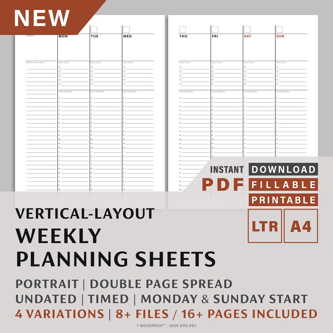 Vertical-layout Weekly Planning Sheets Portrait Undated 4 Variations ...
