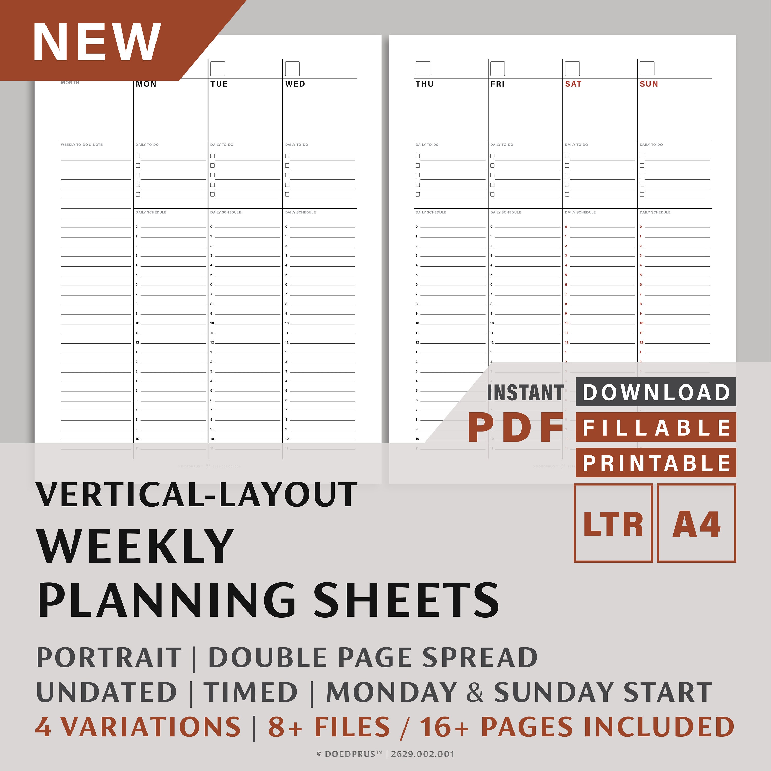 Vertical-layout Weekly Planning Sheets Portrait Undated 4 Variations ...