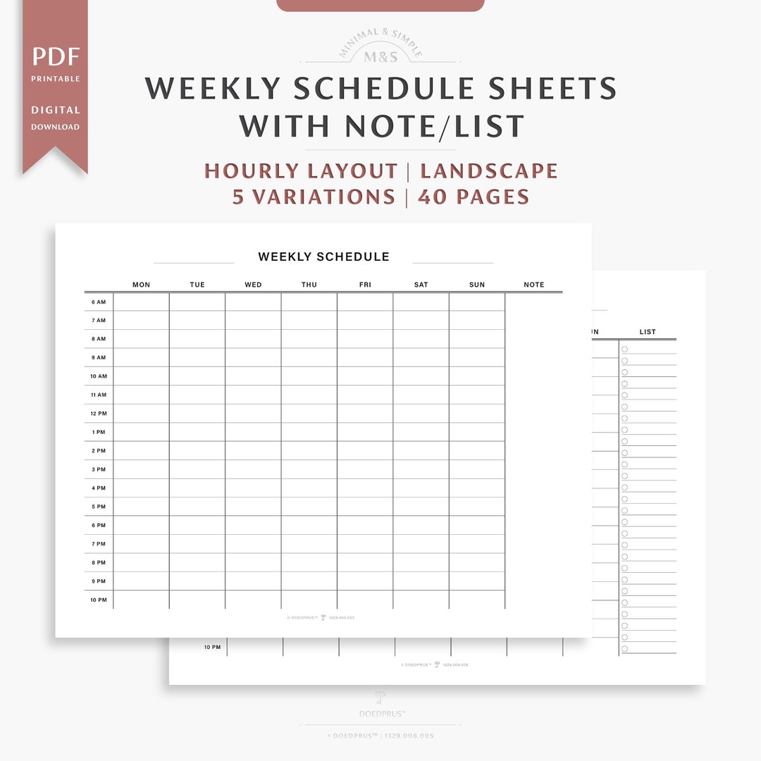 Weekly Schedule Sheets With Note/list, Hourly Layout, 12-hour/24-hour ...