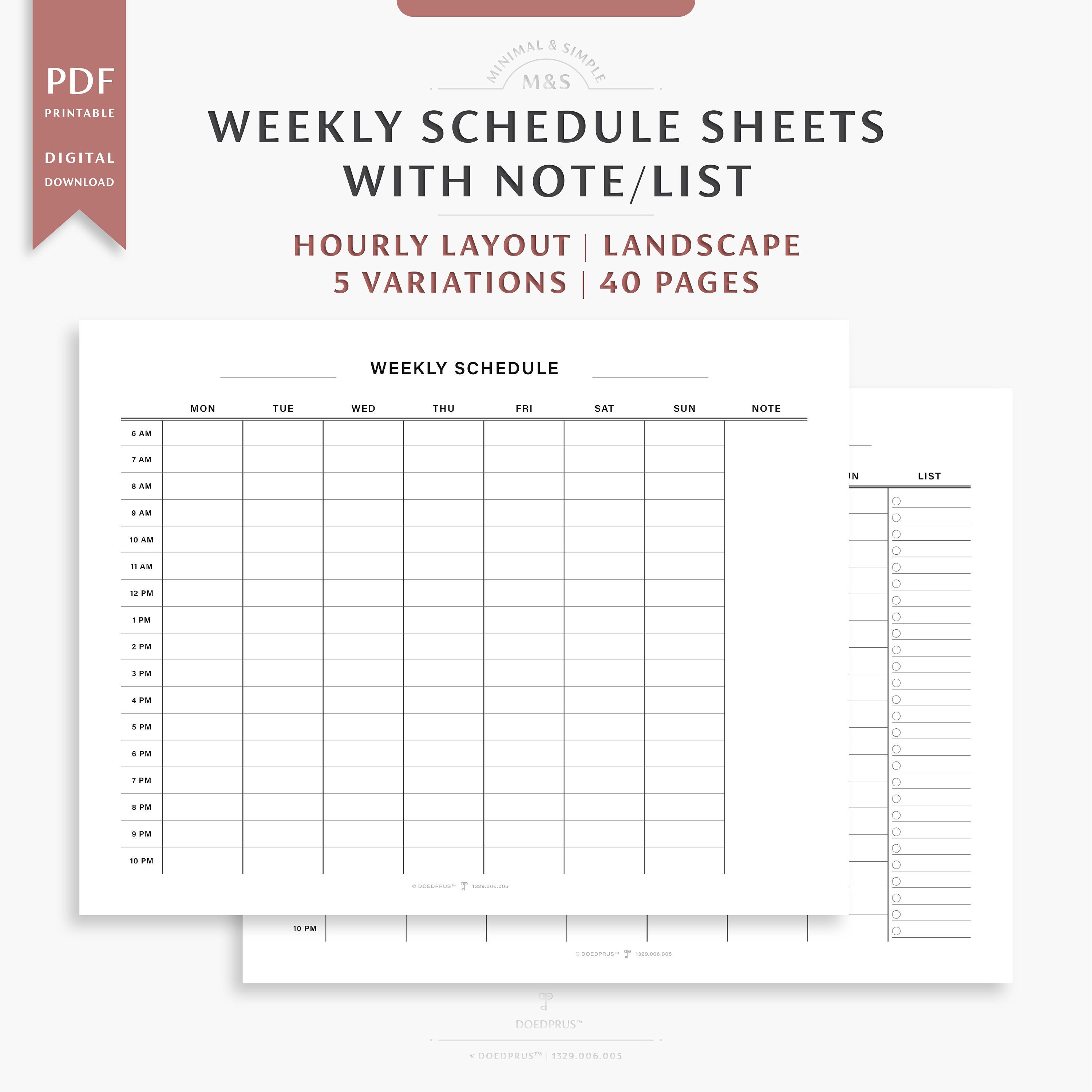 Weekly Schedule Sheets With Note/list, Hourly Layout, 12-hour/24-hour ...