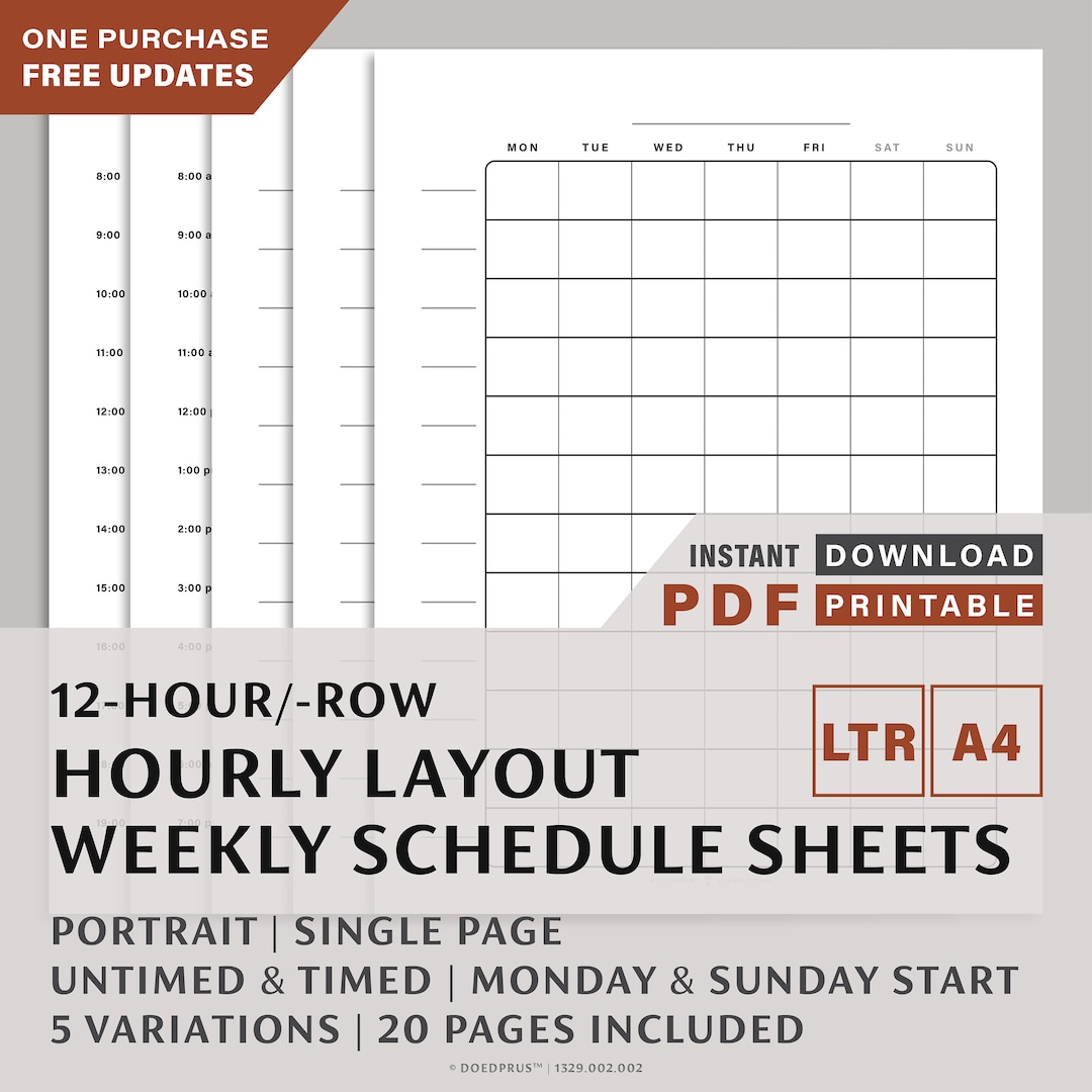 12-hour Hourly Layout Weekly Schedule Sheets | Portrait | Untimed/timed ...