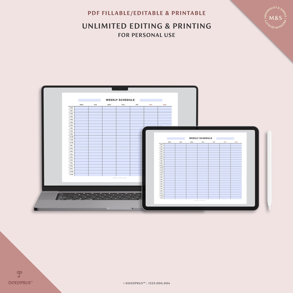 24 Hour Weekly Schedule Sheets, Hourly Layout, 12-hour/24-hour Time ...