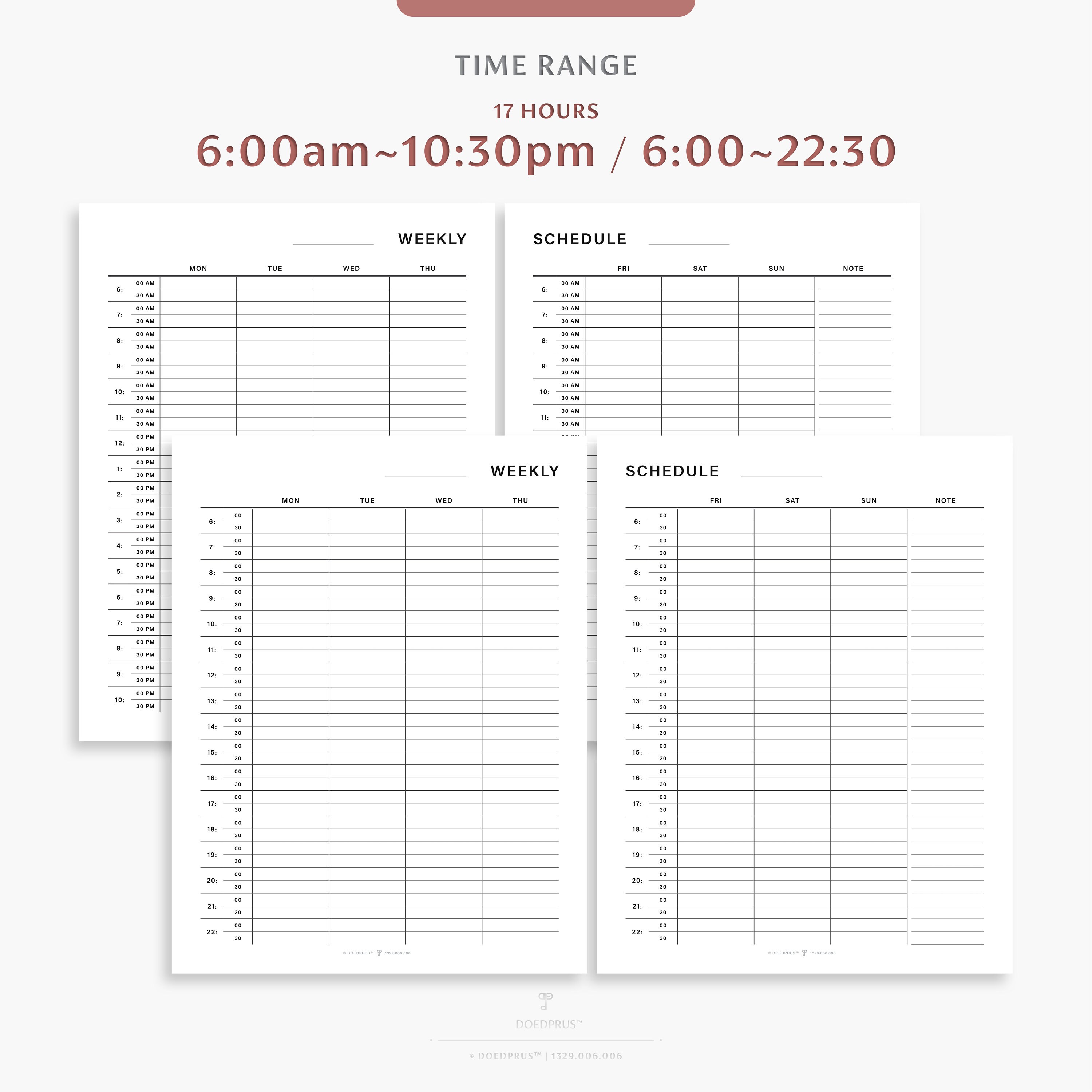 Weekly Schedule Sheets With Note/list, 2 Page Spread, Half Hourly, 12 ...