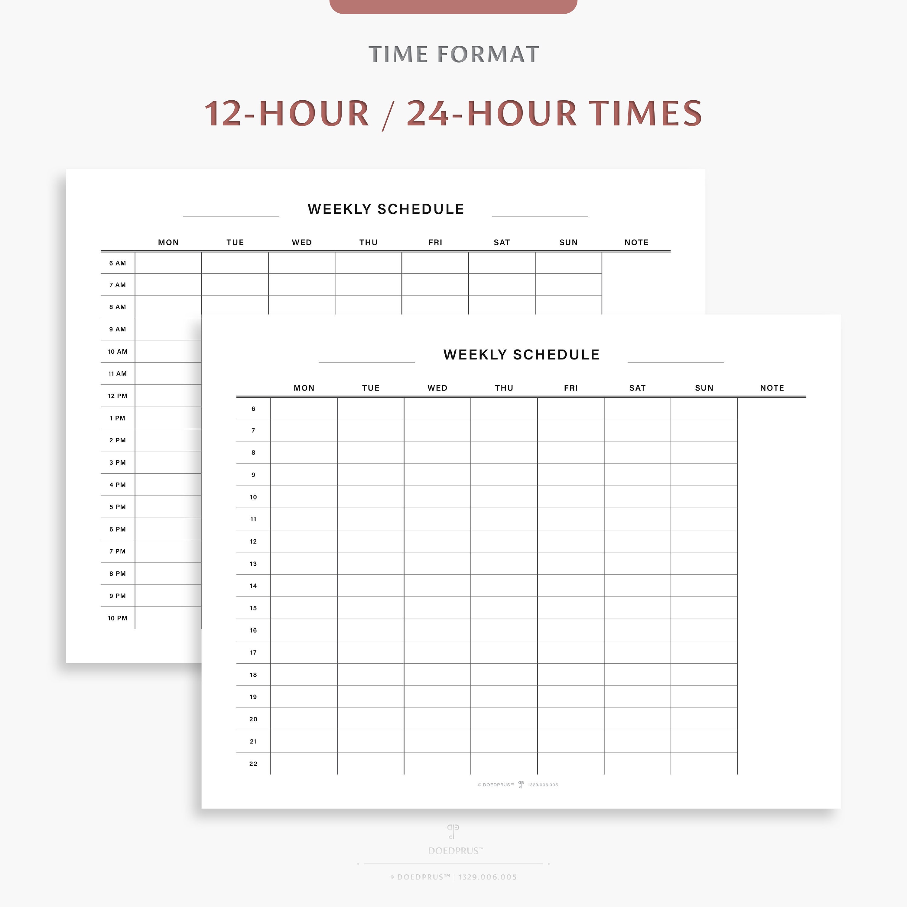 Weekly Schedule Sheets With Note/list, Hourly Layout, 12-hour/24-hour ...