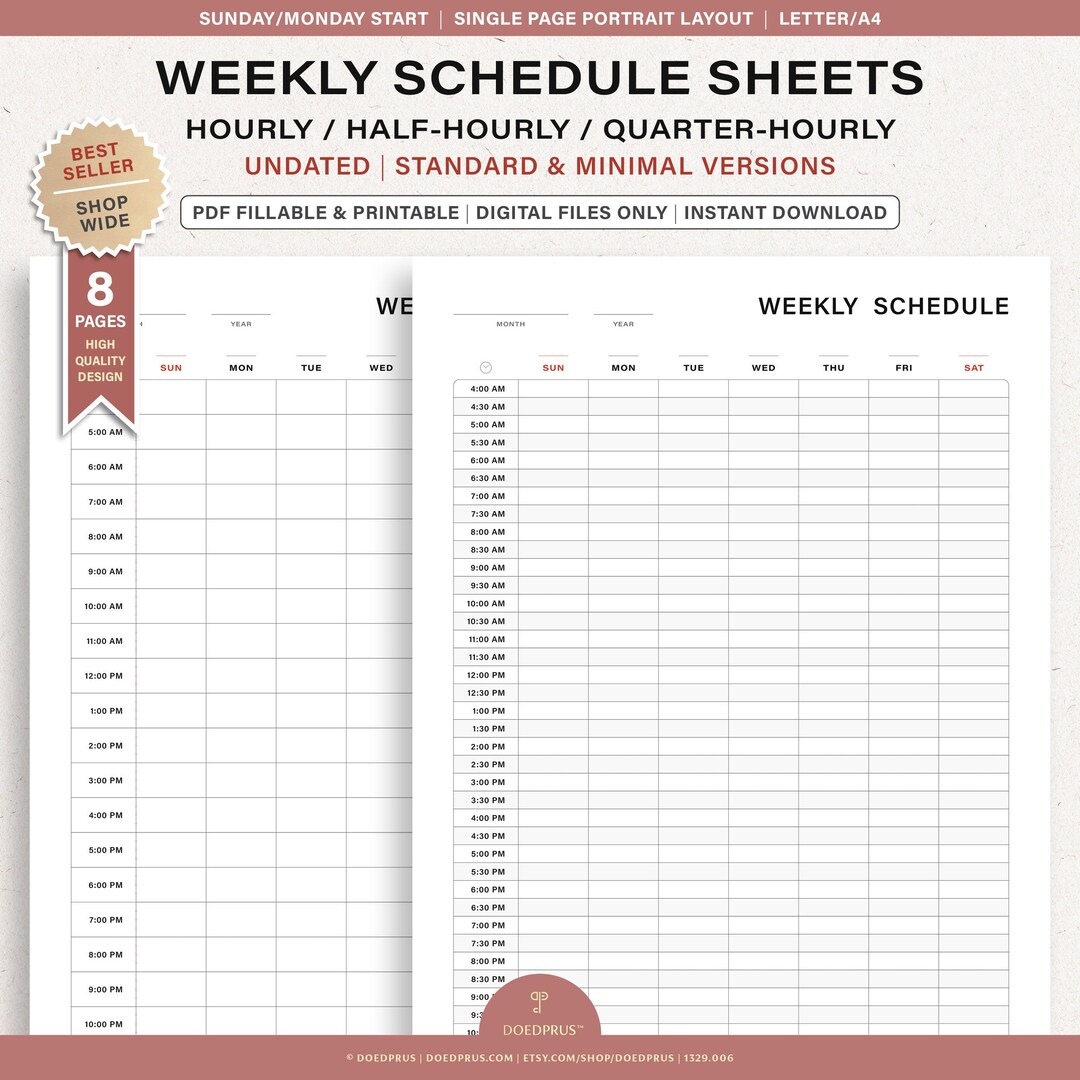 Weekly Schedule Sheets, Undated, Hourly/half-hourly/quarter-hourly ...