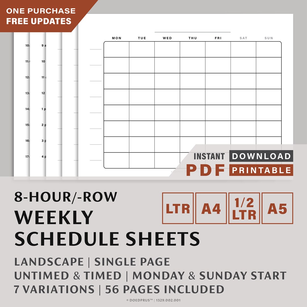 8-hour Weekly Schedule Sheets | Landscape | 7 Variations | Untimed ...