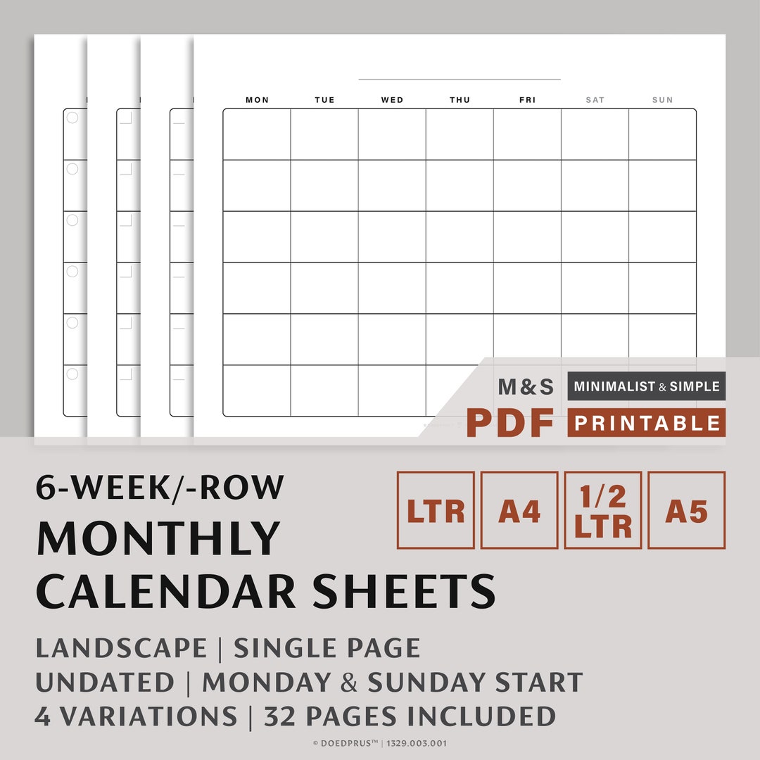 6-week Monthly Calendar Sheets | Landscape | 4 Variations | Undated ...