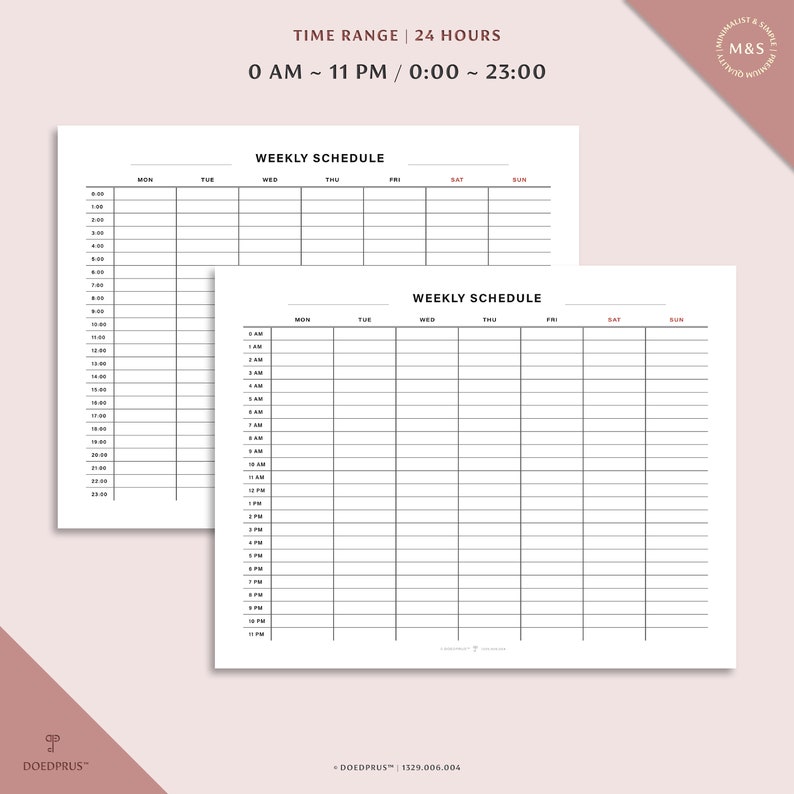 24 Hour Weekly Schedule Sheets, Hourly Layout, 12-hour/24-hour Time ...