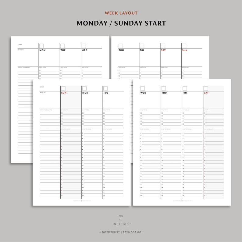 Vertical-layout Weekly Planning Sheets Portrait Undated 4 Variations ...