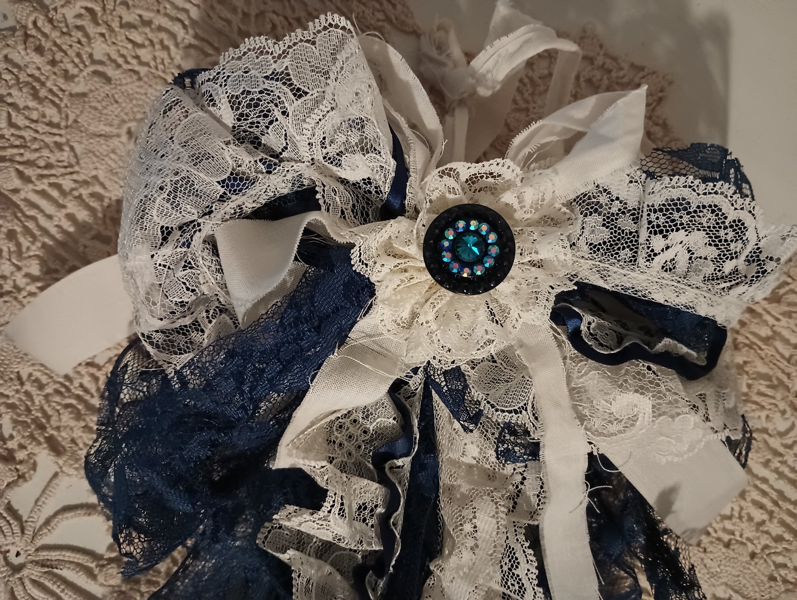 Lace Bows Shabby Chic Navy Blue and Cream Lace Bow,rag Bow,wedding Bow ...