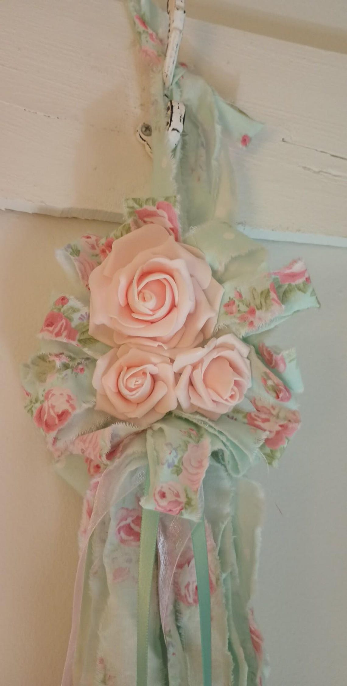 Rag Bows- Cottage Mint Rose Bow, Marshmallow Rose Bow - Etsy
