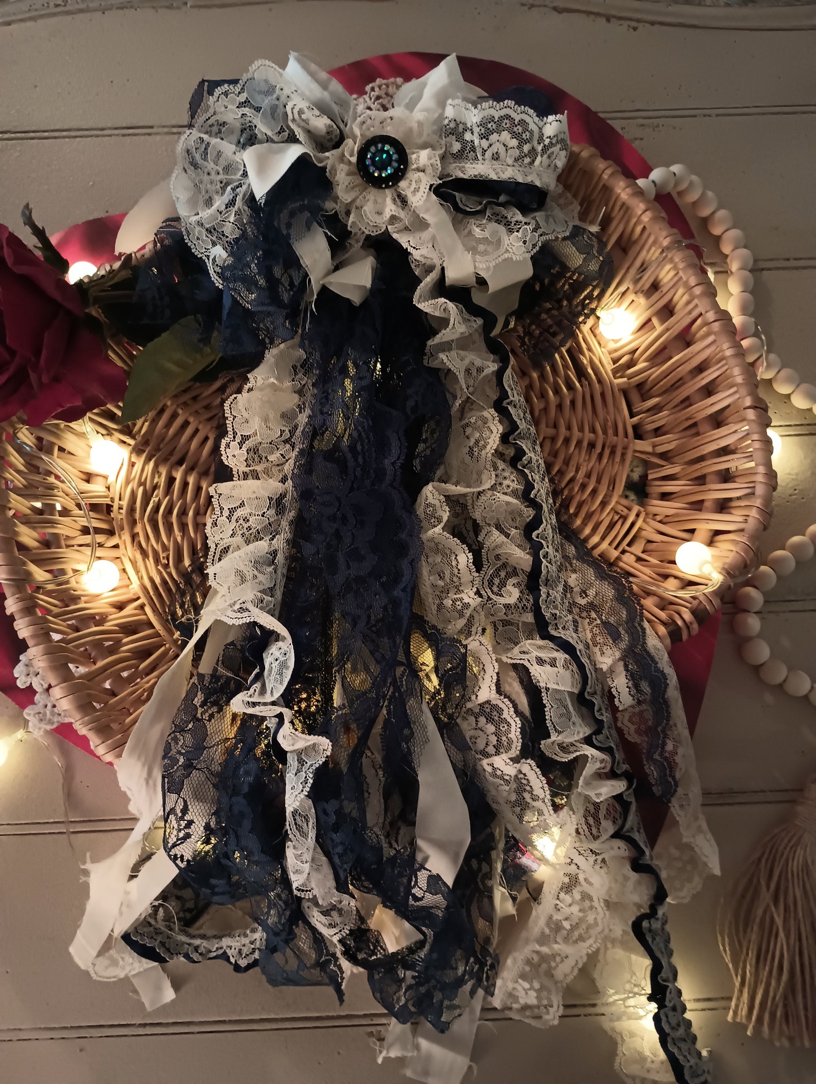 Lace Bows Shabby Chic Navy Blue and Cream Lace Bow,rag Bow,wedding Bow ...