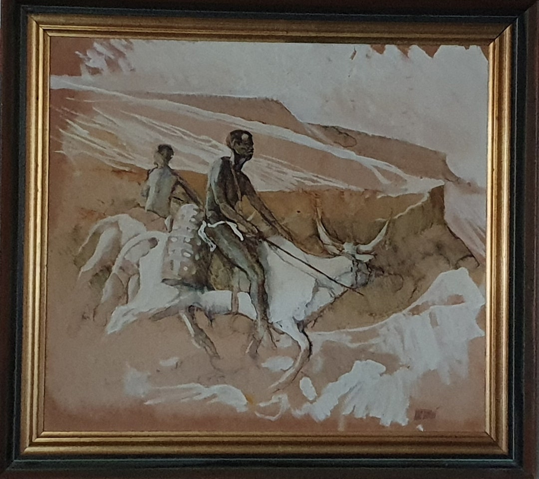Ken Turner, African Scene, Cattle and Herdsmen, Original Mixed Media on ...