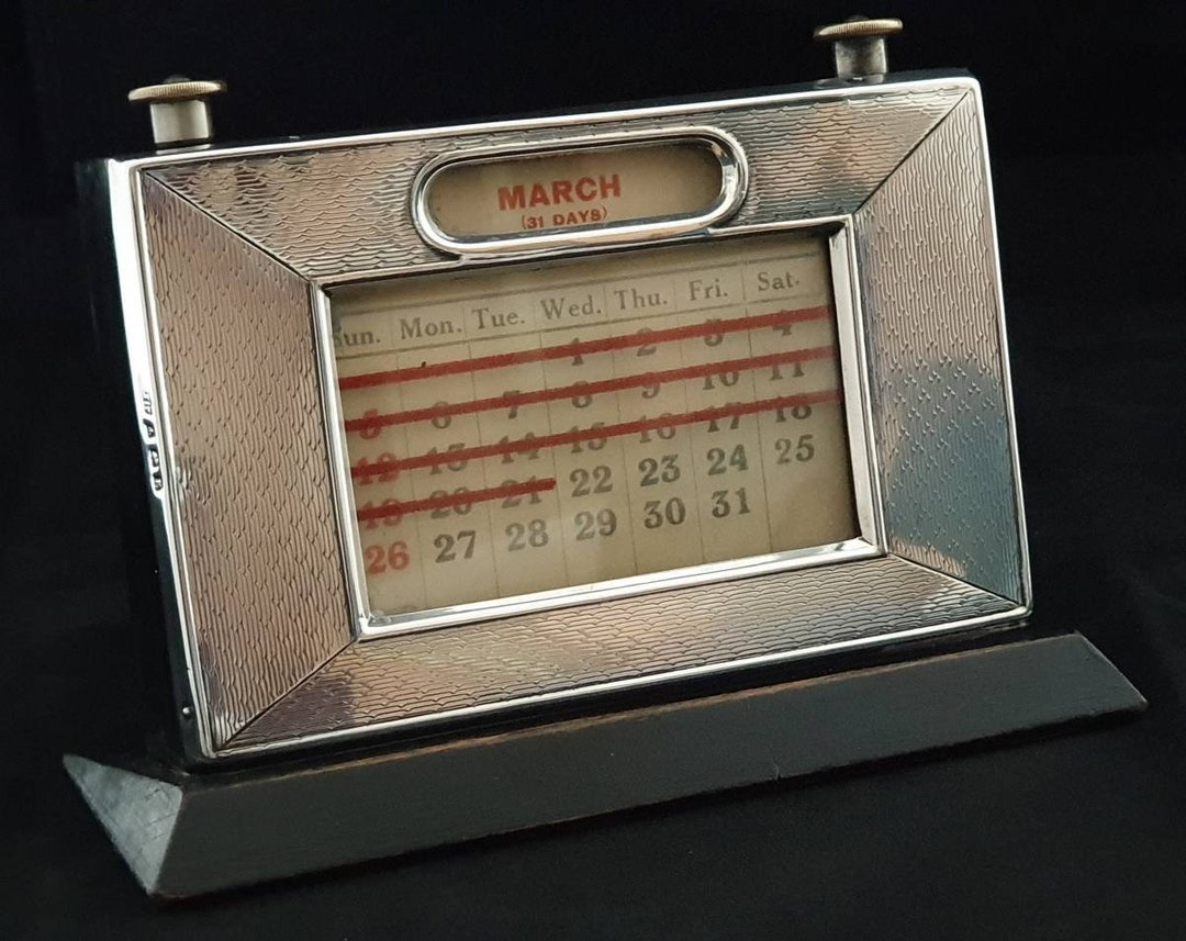 Silver Desk Calendar, Art Deco, Solver Fronted With Ebonised Wood, 1929 ...